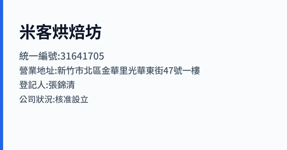 米客烘焙坊 - 統編 31641705(新竹市) 公司登記資料與營業項目詳細圖表