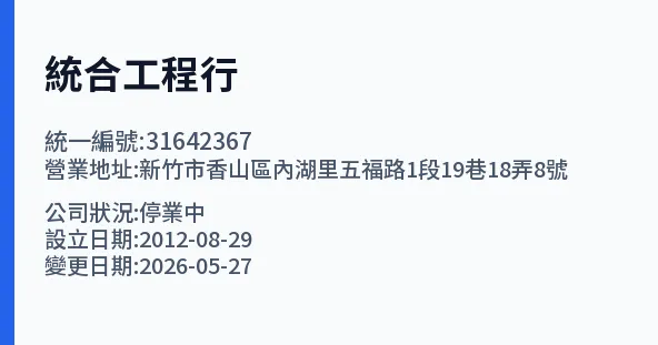 統合工程行的照片-統編 31642367(新竹市) 公司登記資料與營業項目詳細圖表