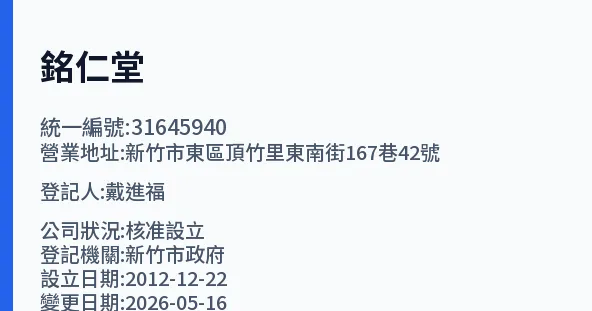 銘仁堂的照片-統編 31645940(新竹市) 公司登記資料與營業項目詳細圖表