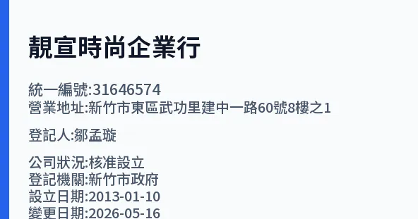 靚宣時尚企業行的照片-統編 31646574(新竹市) 公司登記資料與營業項目詳細圖表