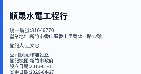 順晟水電工程行的照片-統編 31646770(新竹市) 公司登記資料與營業項目詳細圖表