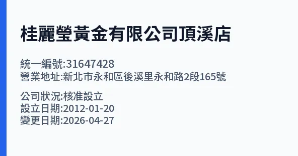 桂麗瑩黃金有限公司頂溪店的照片-統編 31647428(新北市) 公司登記資料與營業項目詳細圖表