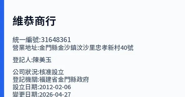 維恭商行的照片-統編 31648361(金門縣) 公司登記資料與營業項目詳細圖表