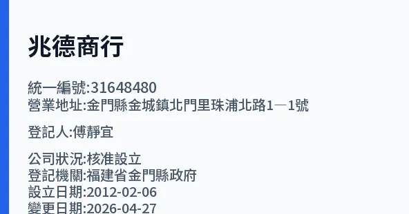 兆德商行的照片-統編 31648480(金門縣) 公司登記資料與營業項目詳細圖表