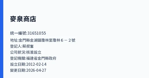 麥泉商店的照片-統編 31651055(金門縣) 公司登記資料與營業項目詳細圖表