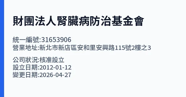財團法人腎臟病防治基金會的照片-統編 31653906(新北市) 公司登記資料與營業項目詳細圖表