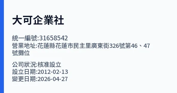 大可企業社的照片-統編 31658542(花蓮縣) 公司登記資料與營業項目詳細圖表
