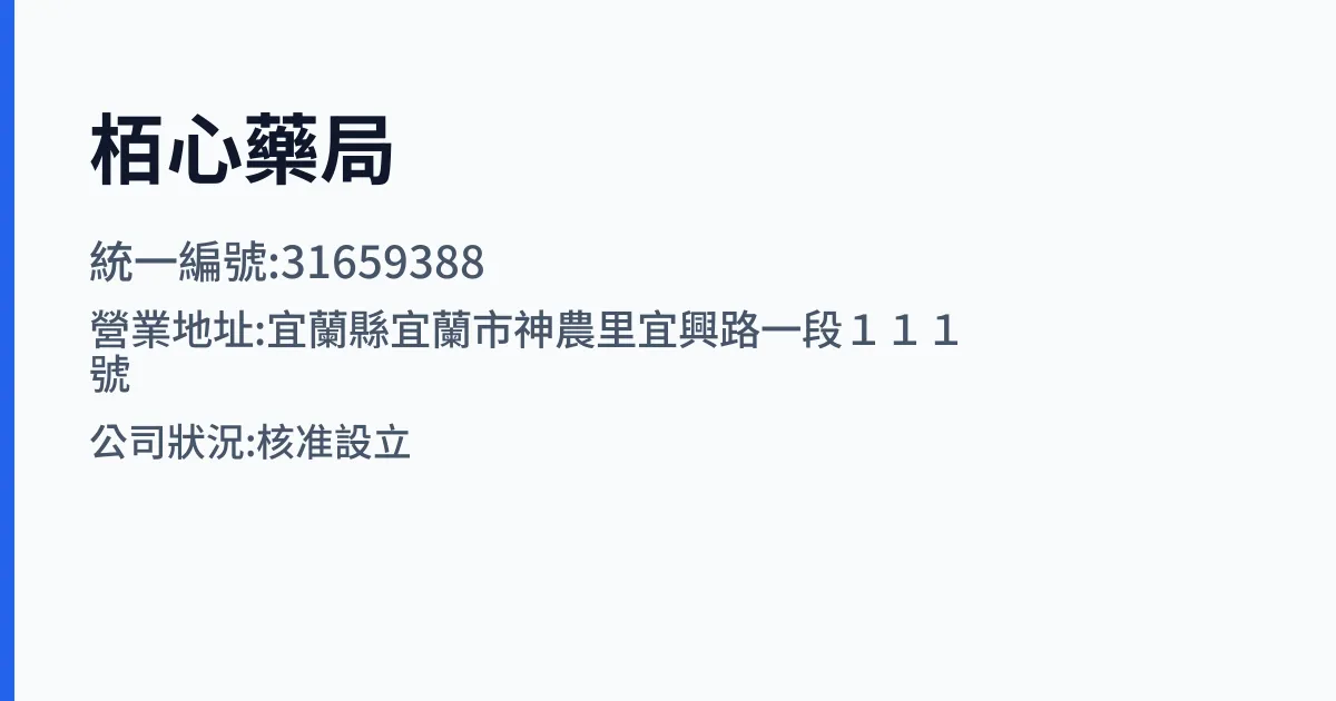 栢心藥局 - 統編 31659388(宜蘭縣) 公司登記資料與營業項目詳細圖表