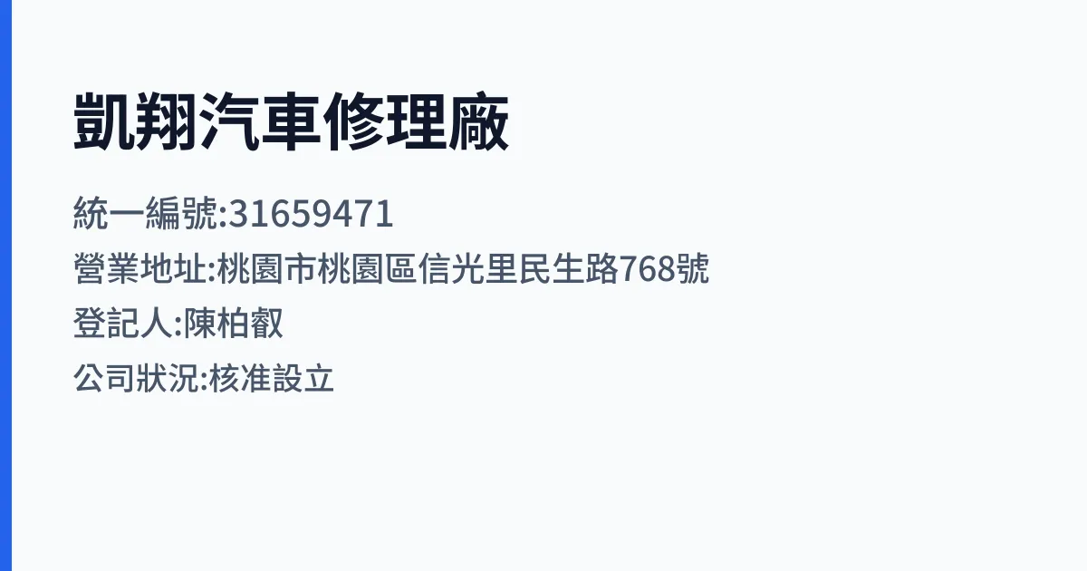凱翔汽車修理廠 - 統編 31659471(桃園市) 公司登記資料與營業項目詳細圖表