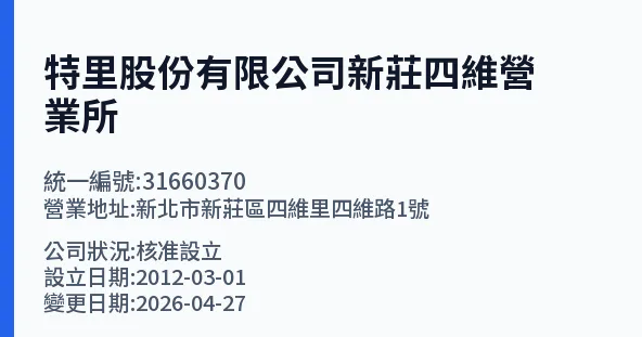 特里股份有限公司新莊四維營業所的照片-統編 31660370(新北市) 公司登記資料與營業項目詳細圖表