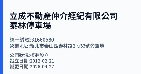立成不動產仲介經紀有限公司泰林停車場的照片-統編 31660580(新北市) 公司登記資料與營業項目詳細圖表