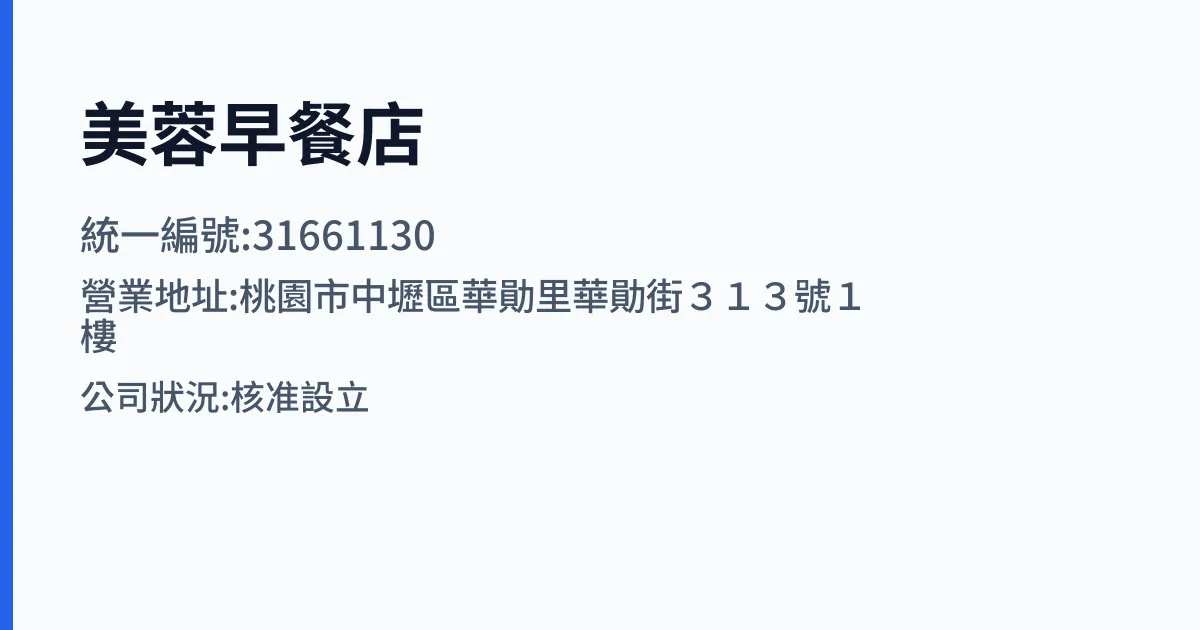 美蓉早餐店 - 統編 31661130(桃園市) 公司登記資料與營業項目詳細圖表