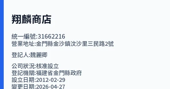 翔麟商店的照片-統編 31662216(金門縣) 公司登記資料與營業項目詳細圖表