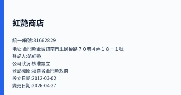 紅艷商店的照片-統編 31662829(金門縣) 公司登記資料與營業項目詳細圖表