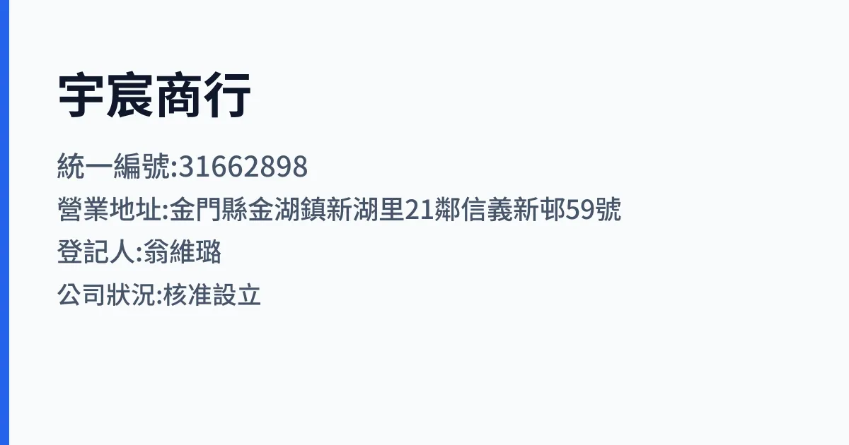 宇宸商行 - 統編 31662898(金門縣) 公司登記資料與營業項目詳細圖表