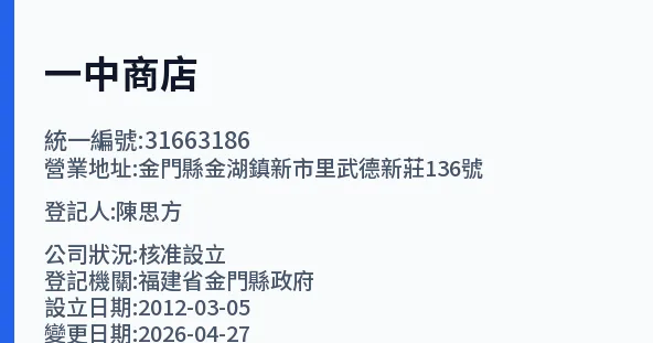一中商店的照片-統編 31663186(金門縣) 公司登記資料與營業項目詳細圖表