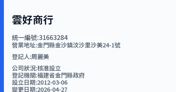 雲好商行的照片-統編 31663284(金門縣) 公司登記資料與營業項目詳細圖表