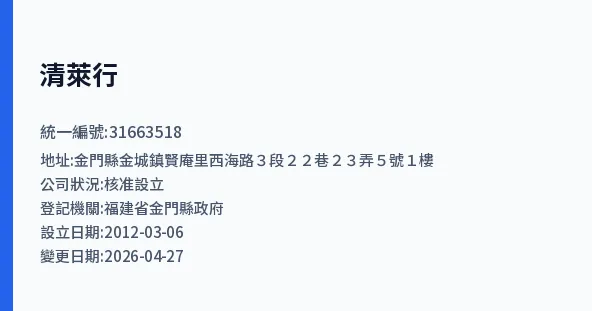 清萊行的照片-統編 31663518(金門縣) 公司登記資料與營業項目詳細圖表