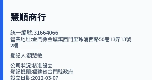 慧順商行的照片-統編 31664066(金門縣) 公司登記資料與營業項目詳細圖表