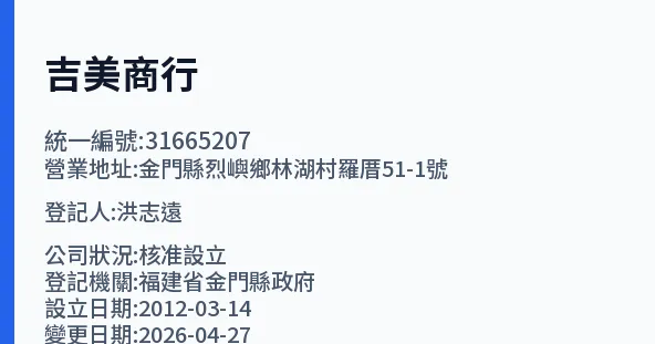 吉美商行的照片-統編 31665207(金門縣) 公司登記資料與營業項目詳細圖表