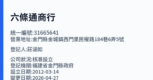 六條通商行的照片-統編 31665641(金門縣) 公司登記資料與營業項目詳細圖表