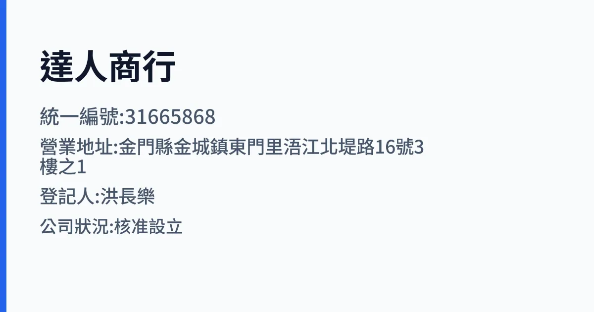達人商行 - 統編 31665868(金門縣) 公司登記資料與營業項目詳細圖表
