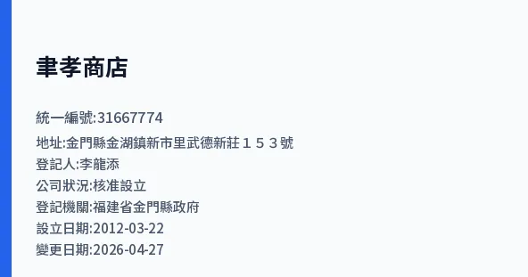 聿孝商店的照片-統編 31667774(金門縣) 公司登記資料與營業項目詳細圖表