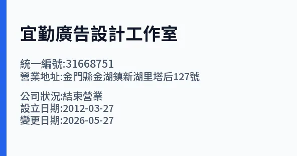 宜勤廣告設計工作室的照片-統編 31668751(金門縣) 公司登記資料與營業項目詳細圖表