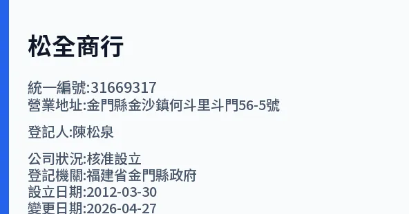 松全商行的照片-統編 31669317(金門縣) 公司登記資料與營業項目詳細圖表