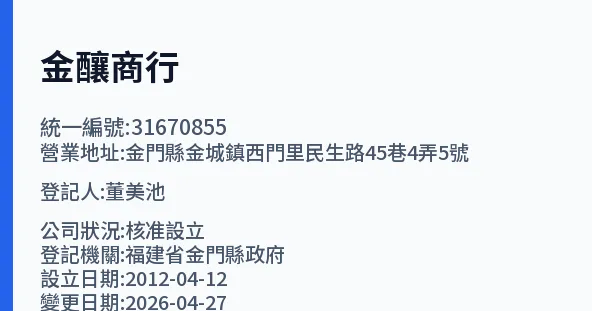 金釀商行的照片-統編 31670855(金門縣) 公司登記資料與營業項目詳細圖表