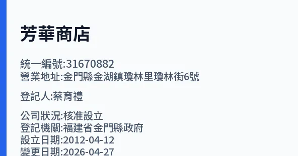 芳華商店的照片-統編 31670882(金門縣) 公司登記資料與營業項目詳細圖表