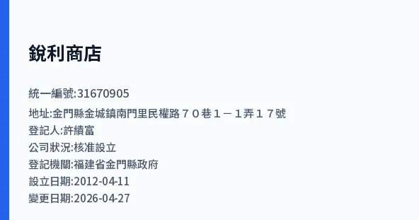 銳利商店的照片-統編 31670905(金門縣) 公司登記資料與營業項目詳細圖表