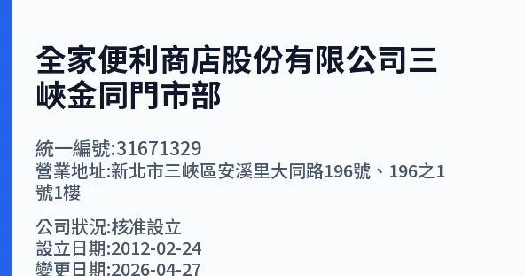 全家便利商店股份有限公司三峽金同門市部的照片-統編 31671329(新北市) 公司登記資料與營業項目詳細圖表
