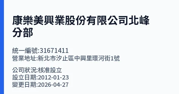 康樂美興業股份有限公司北峰分部的照片-統編 31671411(新北市) 公司登記資料與營業項目詳細圖表