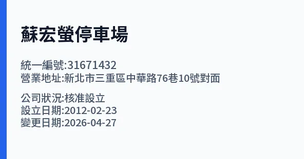 蘇宏螢停車場的照片-統編 31671432(新北市) 公司登記資料與營業項目詳細圖表