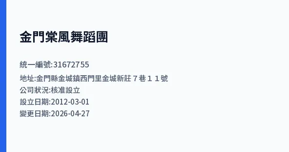 金門棠風舞蹈團的照片-統編 31672755(金門縣) 公司登記資料與營業項目詳細圖表