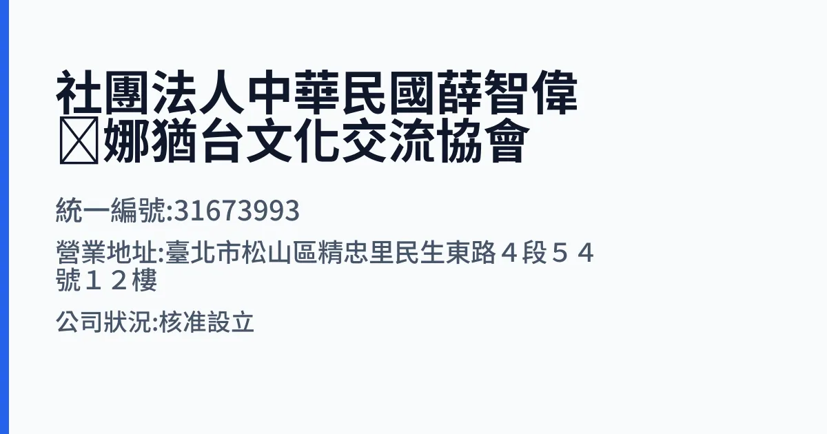 社團法人中華民國薛智偉坣娜猶台文化交流協會 - 統編 31673993(臺北市) 公司登記資料與營業項目詳細圖表