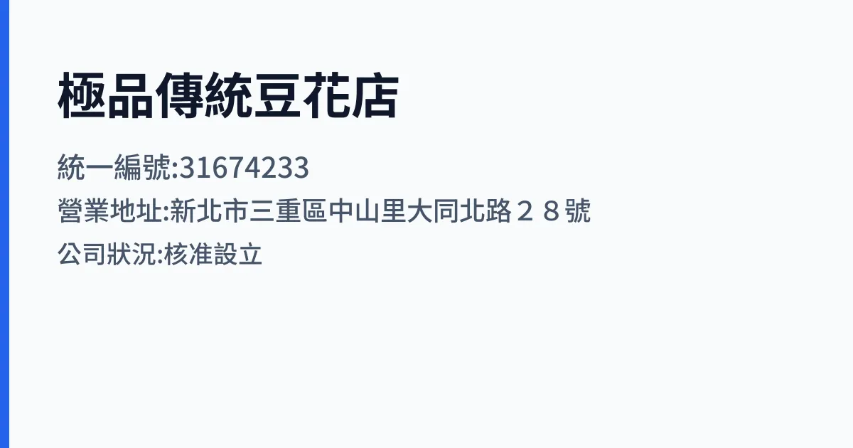 極品傳統豆花店 - 統編 31674233(新北市) 公司登記資料與營業項目詳細圖表