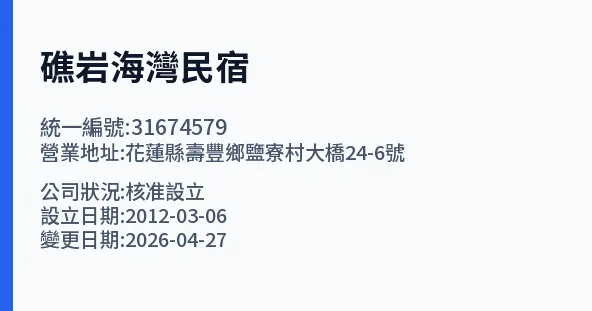 礁岩海灣民宿的照片-統編 31674579(花蓮縣) 公司登記資料與營業項目詳細圖表