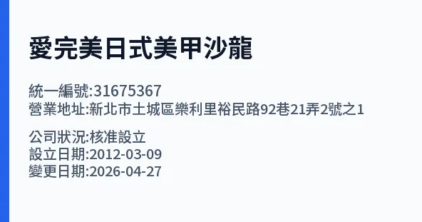 愛完美日式美甲沙龍的照片-統編 31675367(新北市) 公司登記資料與營業項目詳細圖表