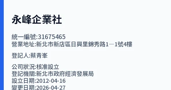 永峰企業社的照片-統編 31675465(新北市) 公司登記資料與營業項目詳細圖表