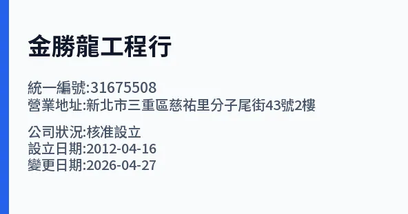 金勝龍工程行的照片-統編 31675508(新北市) 公司登記資料與營業項目詳細圖表