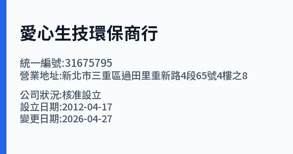 愛心生技環保商行的照片-統編 31675795(新北市) 公司登記資料與營業項目詳細圖表