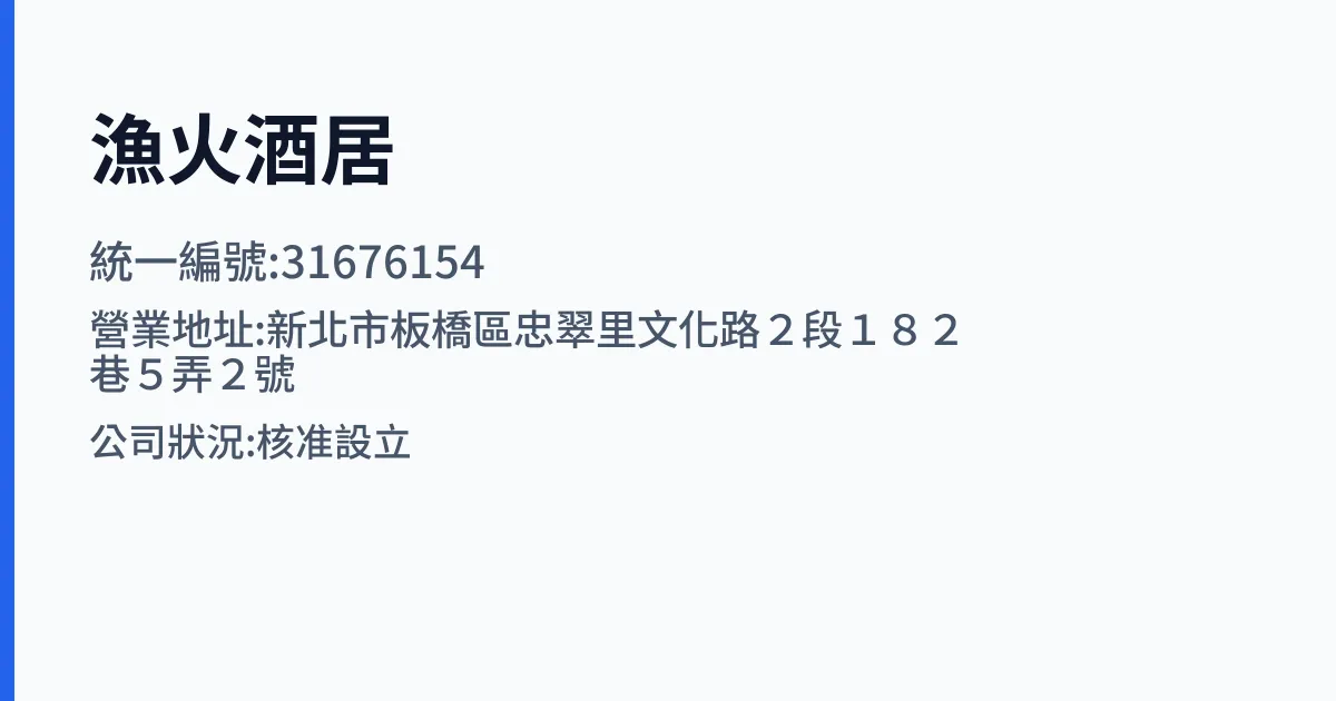 漁火酒居 - 統編 31676154(新北市) 公司登記資料與營業項目詳細圖表