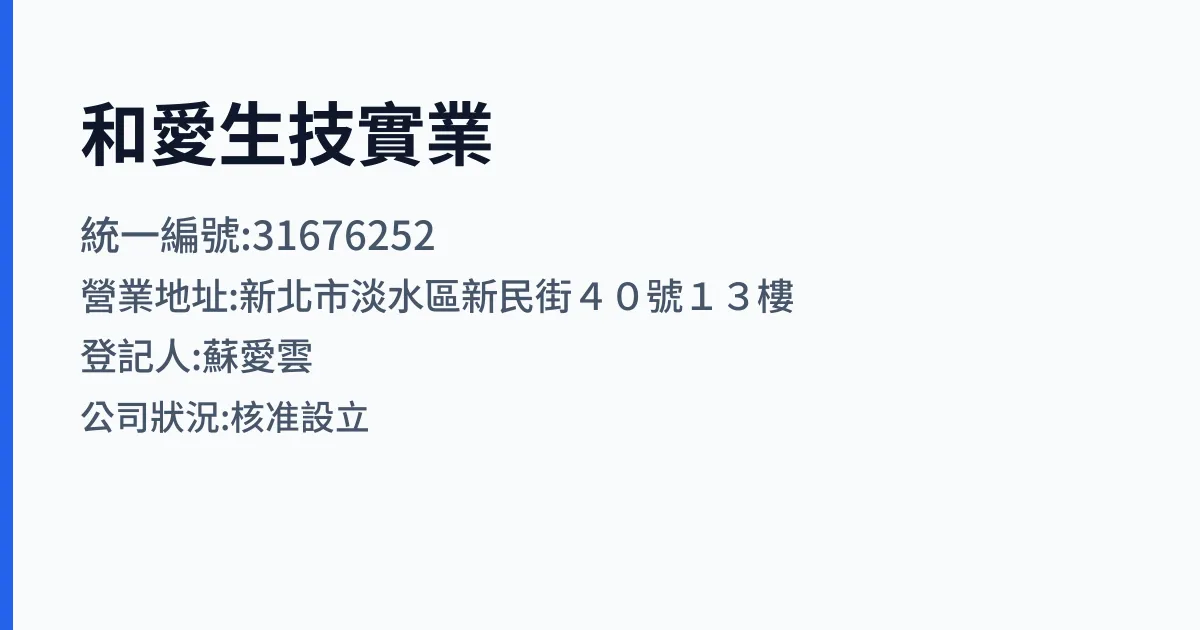 和愛生技實業 - 統編 31676252(新北市) 公司登記資料與營業項目詳細圖表