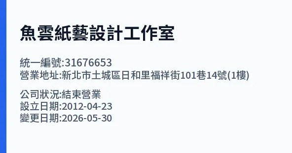 魚雲紙藝設計工作室的照片-統編 31676653(新北市) 公司登記資料與營業項目詳細圖表