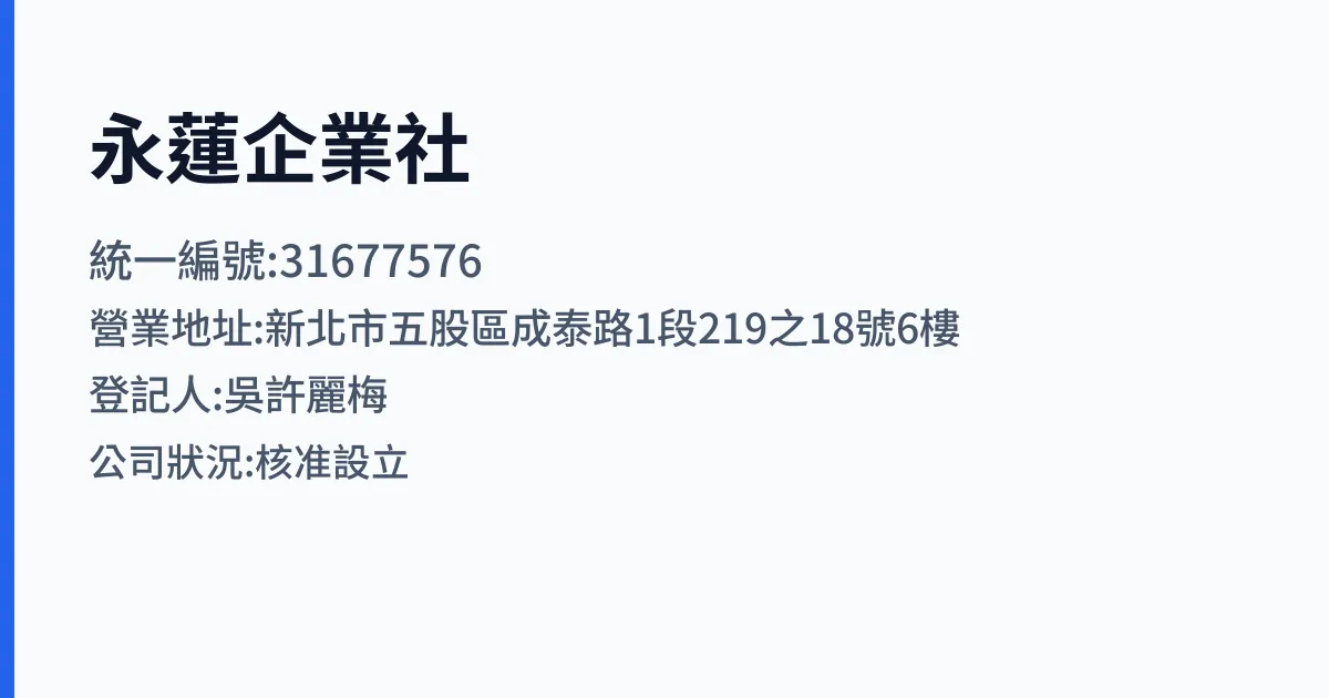 永蓮企業社 - 統編 31677576(新北市) 公司登記資料與營業項目詳細圖表