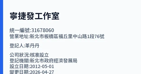 寧捷發工作室的照片-統編 31678060(新北市) 公司登記資料與營業項目詳細圖表
