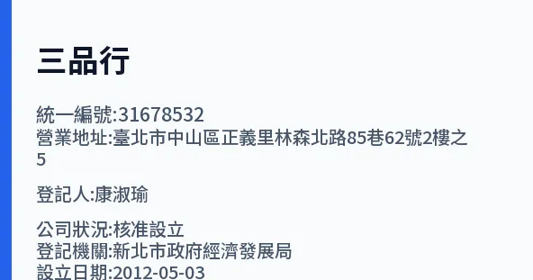 三品行的照片-統編 31678532(臺北市) 公司登記資料與營業項目詳細圖表