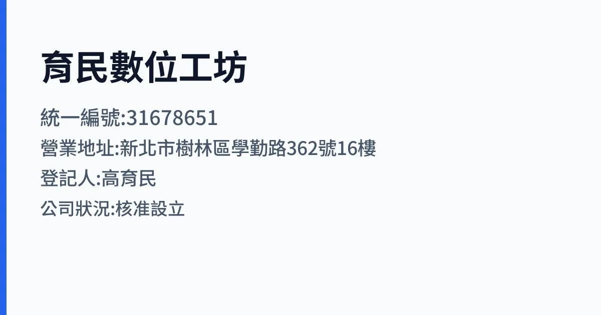 育民數位工坊 - 統編 31678651(新北市) 公司登記資料與營業項目詳細圖表
